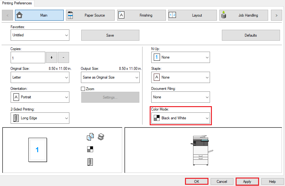 How do I change my printer settings for color to black and white printing?